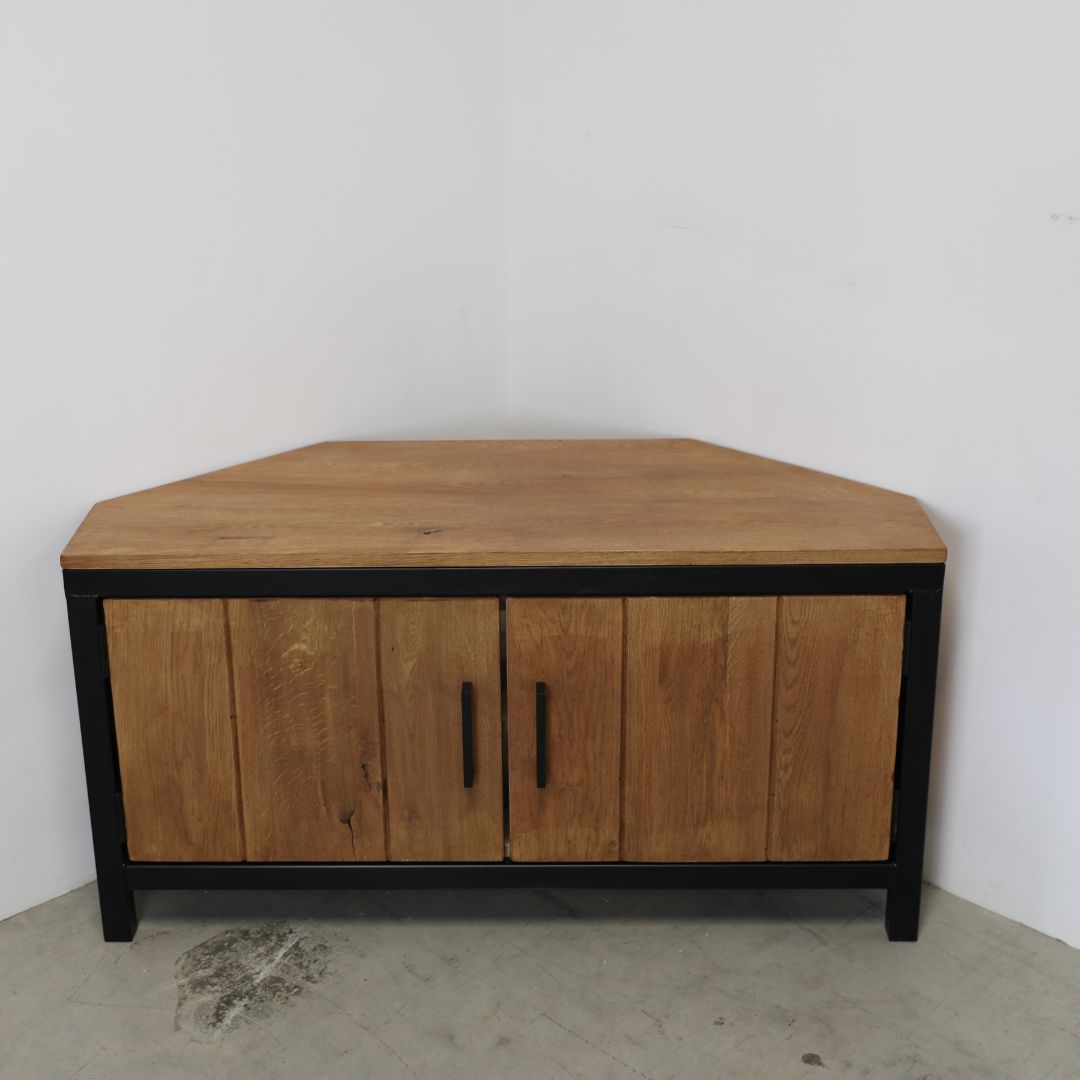 Uniek hoek tv meubel eikenhout en staal op maat - donker eik